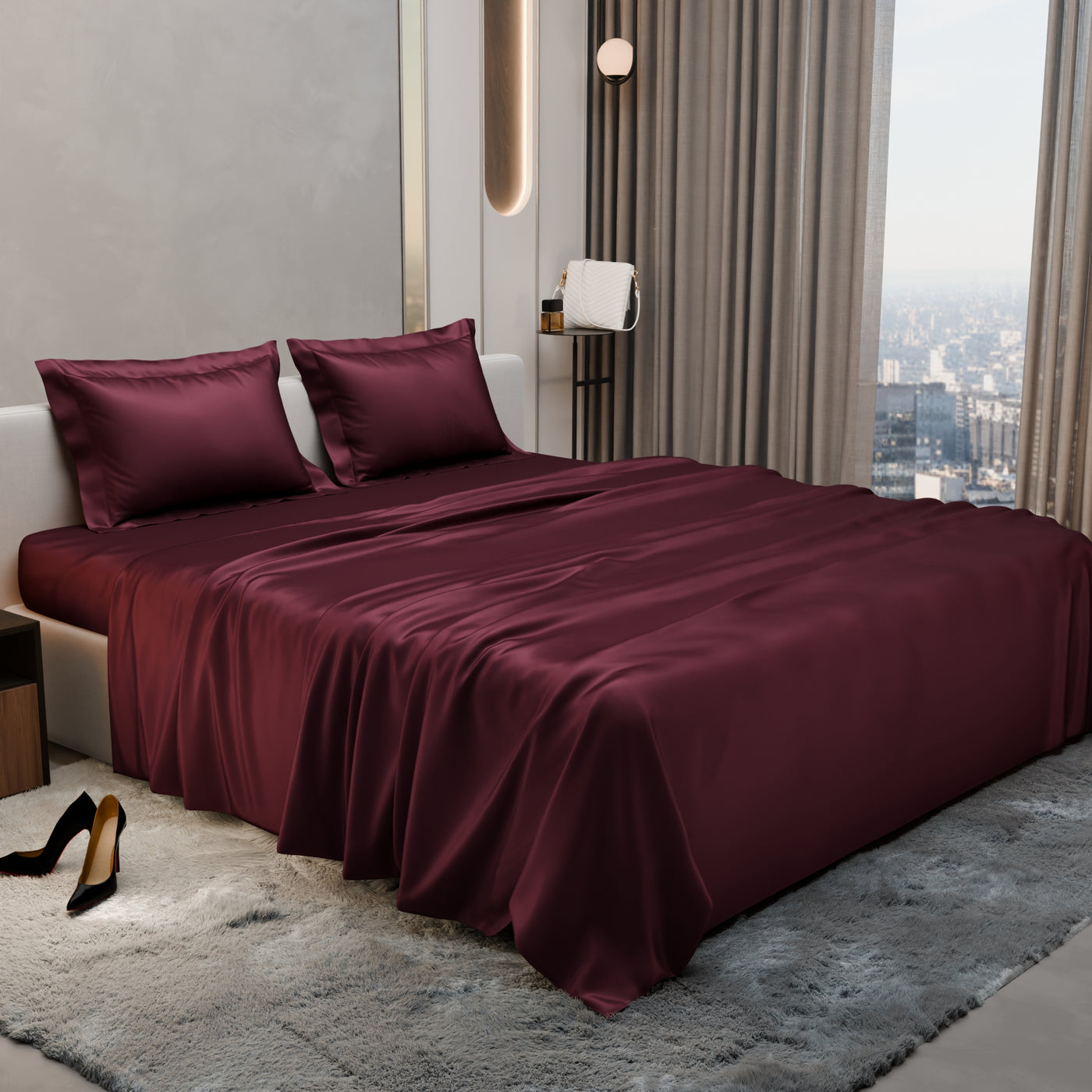 Velvet Wine Flat Bedsheet Set | Luxury Satin Bedding | Stoa – Stoa Paris
